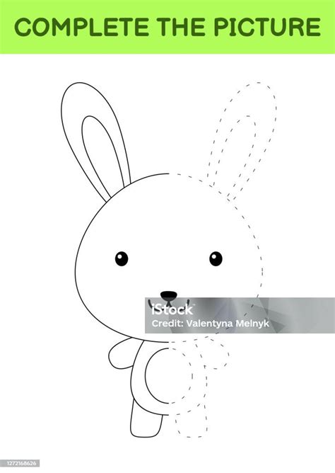 귀여운 토끼의 사진을 완료합니다 색칠 공부 그림을 복사합니다 필기 연습 그리기 기술 훈련 인쇄 가능한 워크시트 를 개발하는 교육 활동 페이지입니다 만화 벡터 일러스트레이션