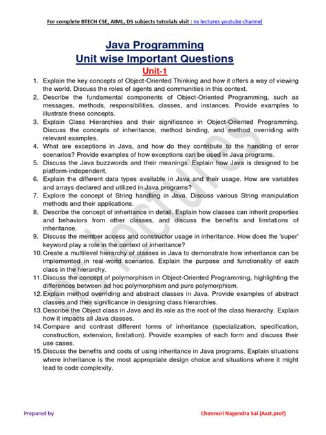 Java Unitwise Imp Questions Pdf Class Computer Programming