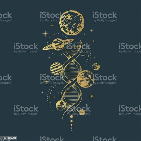 행성 별 및 Dna가있는 황금 천체 공간 구성 인사말 카드와 포스터를 위해 검은색 배경에 격리된 신비로운 손으로 그린 벡터 삽화 새긴 이미지에 대한 스톡 벡터 아트 및 기타
