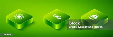 Isometric 무비 영화 미디어 프로젝터 학교 배낭 및 원자 아이콘을 설정합니다 벡터 3차원 형태에 대한 스톡 벡터 아트 및