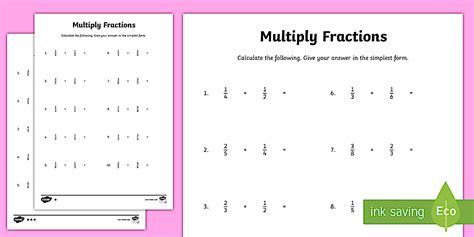 Ks2 Multiplying Fractions Worksheet Practice Questions