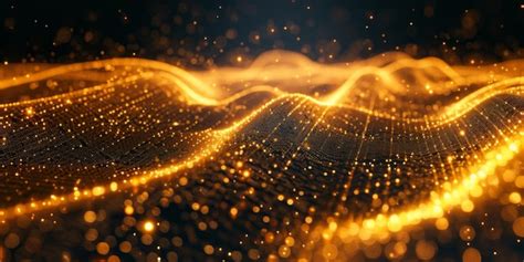 Premium Photo Golden Digital Data Stream With Swirling Bokeh Lights On A Black Backdrop Copy Space