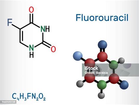 플루오로 우라실 5fu 분자 그것은 피리 미딘 유사체 암 치료에 사용되는 세포 독성 화학 요법 약물입니다 구조 화학식 분자 모델 건강관리와 의술에 대한 스톡 벡터 아트 및