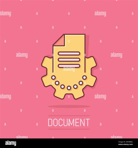 Document With Gear Icon In Comic Style Big Data Processing Cartoon