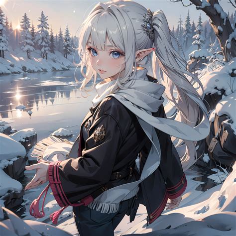 Anime Girl With Long White Hair And Blue Eyes Walking In The Snow