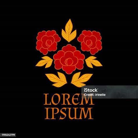 빈티지 꽃 벡터 엠블럼입니다 황금 잎 복고풍 빨간 모란 꽃 엠블럼 꽃다발 스튜디오용 로얄 라벨 0명에 대한 스톡 벡터 아트 및