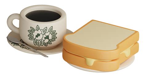 3d 렌더링 아침 식사 세트 아이콘입니다 전통적인 오리엔탈 스타일의 버터 빵 토스트와 블랙 커피 코피오 빈티지 난양 스타일 커피 컵과 접시 그림 0명에 대한 스톡 사진 및