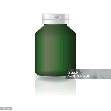 미용 또는 건강 제품을 위한 뚜껑뚜껑이 있는 빈 녹색 원형 보충제 또는 약병 반사 그림자가있는 흰색 배경에 격리되었습니다 패키지 설계에 사용할 준비가 되었습니다 벡터