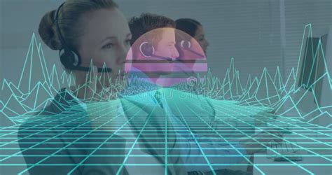 Operating Headsets Call Center Staff Typing On Keyboards At Office Desks With Neon Data Overlay