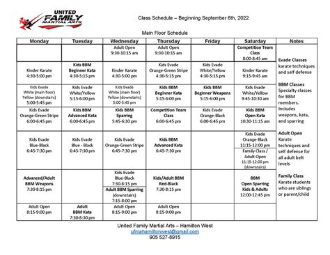 New Fall Class Schedule Ufma Martial Arts Hamilton West