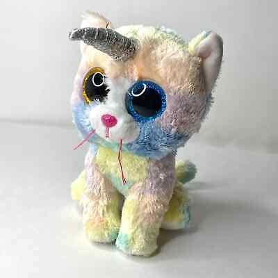 Ty Beanie Boo Unicorn Cat Heather 6 Yellow Blue Big Eyes Colorful