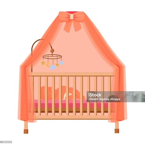 요람에서 자고있는 작은 귀여운 아기 흰색 배경에 고립 된 모바일 및 텐트가있는 침대 상세한 장식 클립 아트 디자인 요소 아기