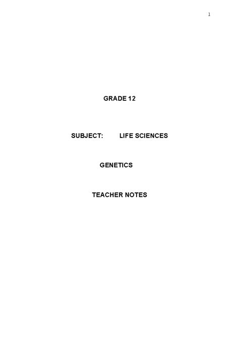 Teacher Notes Genetics Grade 12 Subject Life Sciences Genetics