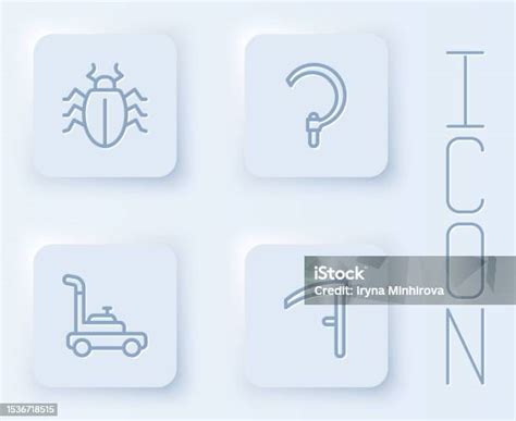 세트 라인 콜로라도 딱정벌레 낫 잔디 깎는 기계 및 낫 흰색 사각형 버튼입니다 벡터 감자 요리에 대한 스톡 벡터 아트 및 기타