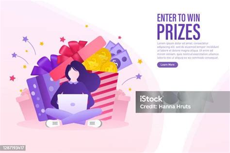 만화 캐릭터는 상품을 이기기 위해 입력합니다 휴일 배너 벡터 디자인 배너입니다 상금을 획득하십시오 벡터 그림입니다 추첨 티켓에 대한 스톡 벡터 아트 및 기타 이미지 Istock