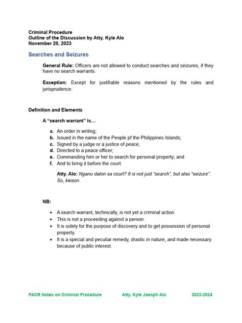 Crim Pro Notes Pdf Probable Cause Search And Seizure