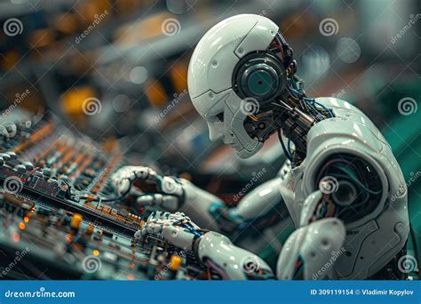 A Humanoid Robot Is Assembling An Electronic Device Stock Illustration Illustration Of Robotic