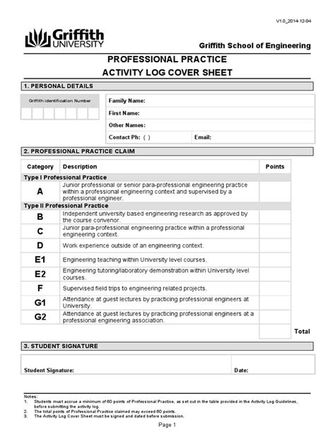 Professional Practice Activity Log Cover Sheet Pdf Science