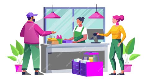 A Cartoon Of People Buying Items From A Store Premium Ai Generated Vector