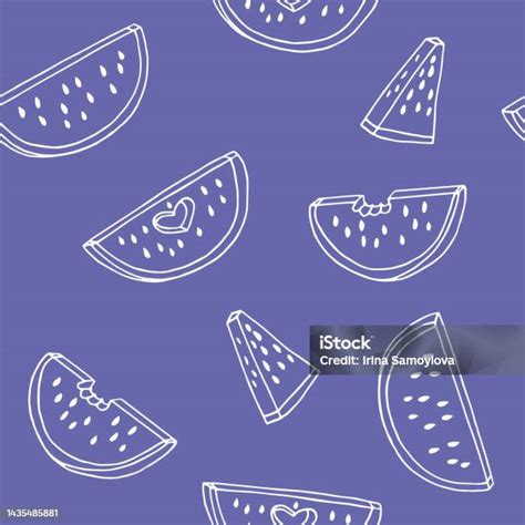 수박 이음새가 없는 무늬 낙서 스타일로 손으로 그린 벡터 일러스트레이션 미니멀리즘 벽지 섬유 포장지 배경 육즙이 많고 신선하며 과일 여름 음식 건강한 식생활에 대한 스톡