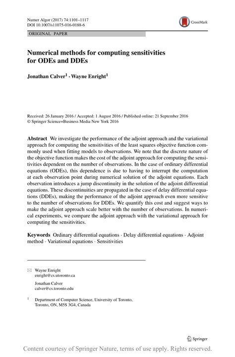 Numerical Methods For Computing Sensitivities For Odes And Ddes Request Pdf