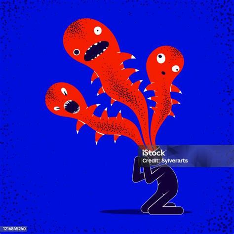 공포증 정신병 정신 분열증 환각 과 같은 정신 문제 평면 트렌디 한 스타일 정신과 심리학 비유 그의 머리에서 괴물과 남자 벡터 개념 그림 개념 기호에 대한 스톡 벡터 아트