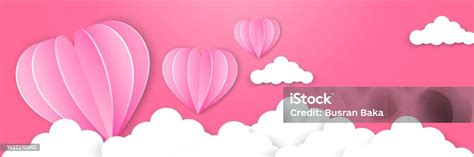 행복한 발렌타인 데이 타이포그래피 벡터 디자인 하늘 빨간 분홍색 심장 모양에 종이 풍선 컷 하얀 구름 벡터 이미지 사랑 공예에 대한 스톡 벡터 아트 및 기타 이미지 Istock