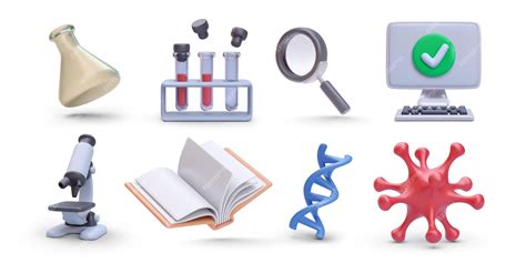 과학 요소 세트 플라스크 시험 튜브 확대 Pc 현미경 책 댄 세균 3d 현실적인 스타일 터 일러스트레이션 프리미엄 벡터
