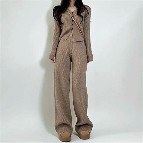 와이민 골지 니트 가디건 팬츠 세트 브이넥가디건 골지가디건 니트가디건 하이웨스트 로우웨스트 밴딩 니트바지 니트와이드팬츠 와이드바지 골지와이드 트레이닝 투피스