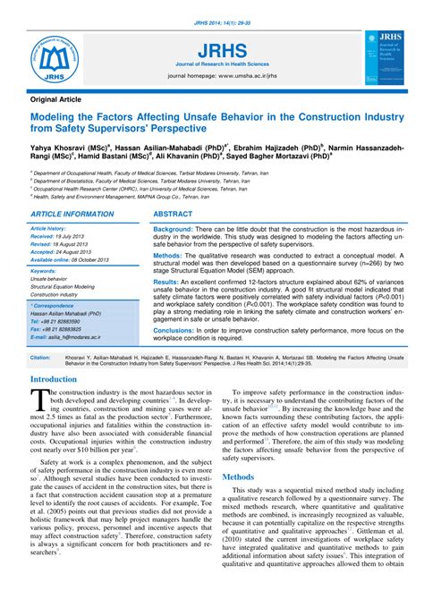 Pdf Modeling The Factors Affecting Unsafe Behavior In The Construction Industry From Safety