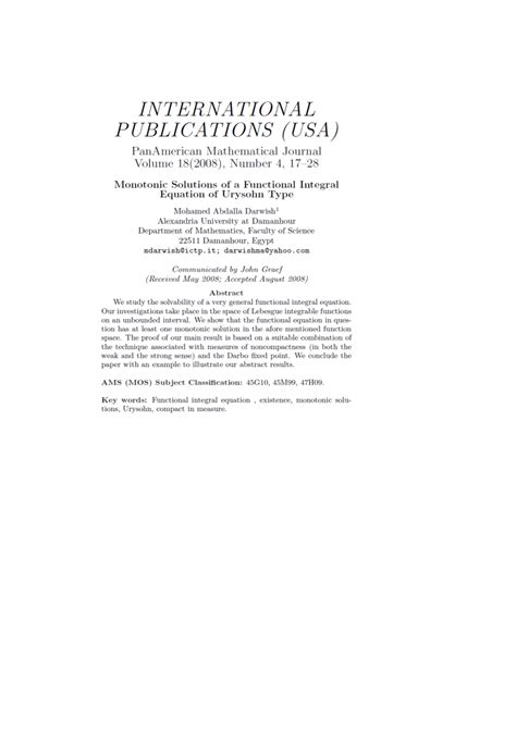 Pdf Monotonic Solutions Of A Functional Integral Equation Of Urysohn Type