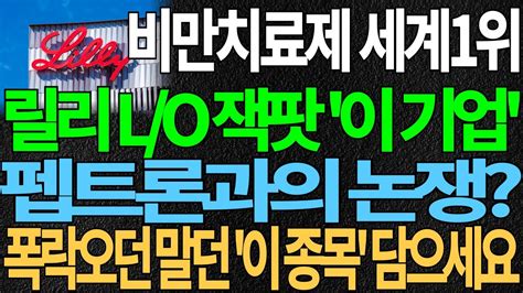 비만치료제 대장주 세계 1위 일라이릴리 Lo 잭팟 이 기업 펩트론과의 논쟁 폭락오던 말던 이 종목 담으세요 디에스경제뉴스 또바기 Youtube