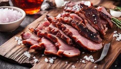 Premium Photo A Slice Of Ham On A Wooden Board With A Glass Of Tea