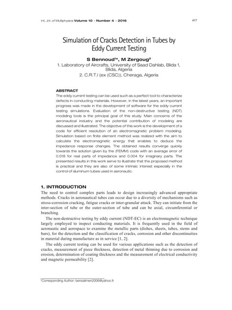 Pdf Simulation Of Cracks Detection In Tubes By Eddy Current Testing