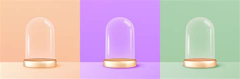 유리 크리스탈 돔 세트입니다 휴일 장식 현실적인 3d 유리 투명한 빈 돔은 주황색 보라색 및 녹색 배경에 격리되어 있습니다 전시회를 위한 연단 케이스 3d 벡터 그림 3차원