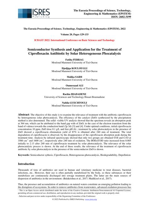 Pdf Semiconductor Synthesis And Application For The Treatment Of Ciprofloxacin Antibiotic By