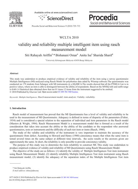 Pdf Validity And Reliability Multiple Intelligent Item Using Rasch