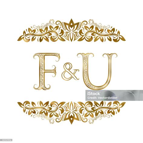 F와 U 빈티지 이니셜 기호입니다 글자 장식 요소에 의해 포위 된다 결혼식 또는 로얄 스타일에서 비즈니스 파트너 모노 그램입니다