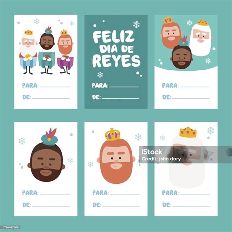 6개의 크리스마스 카드 템플릿 모음입니다 벡터 일러스트 레이 션입니다 인사말 스크랩 예약 축하 초대장을 위한 템플릿입니다 초록색 스페인어로 쓰여진 행복한 주현절 동방 박사에