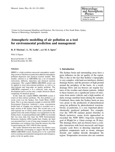 Pdf Atmospheric Modelling Of Air Pollution As A Tool For Environmental Prediction And Management