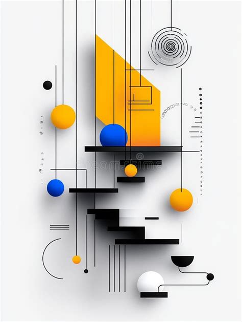 Abstract Geometric Composition With Vibrant Yellow Blue And White Spheres And Shapes Creating