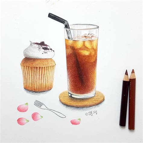 임봄손그림 초코칩쿠키컵케이크와 아아메 🌹🌸 그리고 나의 몽땅이 색연필들😒 프리즈마 색연필그림 손그림 손그림
