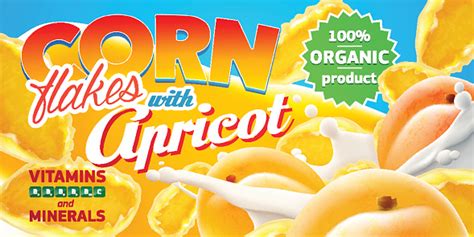 큰 우유 스플래시와 살구 광고 일러스트와 함께 현실적인 콘 플레이크 광고 전단지 포스터 또는 라벨 디자인을 위한 고품질 예술 3차원 형태에 대한 스톡 벡터 아트 및 기타