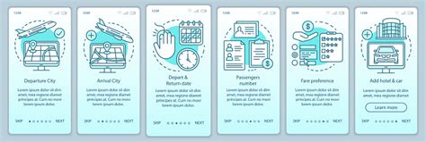 여행 계획 청록색 온보딩 모바일 앱 페이지 화면 벡터 템플릿 호텔 자동차 공항 선형 일러스트레이션이 있는 웹 사이트 연습 단계입니다 Ux Ui Gui 스마트폰 인터페이스