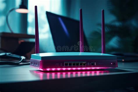 Wireless Router With Illuminated Led Lights On Desk Stock Photo Image Of Modem Information