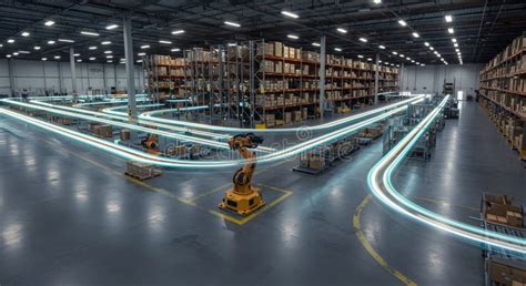 Automated Warehouse Futuristic Logistics And Robotics In Modern Distribution Center Stock