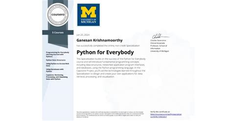 Ganesan Krishnamoorthy On Linkedin Completion Certificate For Python For Everybody
