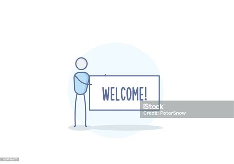 만화 Stickman 문자 환영 표지판을 들고입니다 Eps10에서 벡터 일러스트 레이 션 디자인 환영 표지판에 대한 스톡 벡터 아트 및 기타 이미지 Istock