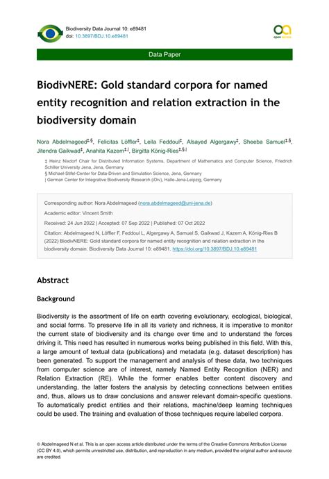 Pdf Biodivnere Gold Standard Corpora For Named Entity Recognition And Relation Extraction In