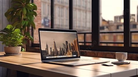 현대적인 로프트 홈 오피스 인테리어에서 빈 화면 노트북의 사실적인 3d 렌더링 작업 공간 모형 노트북 책상 노트북 테이블